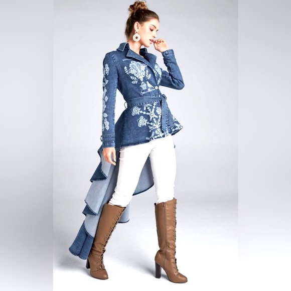 VENUS | Jackets & Coats | Venus Printed Hilow Printed Denim Trench Coat ...